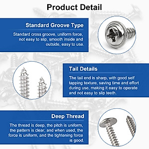 MroMax M2x6mm 304 Stainless Steel Self Tapping Machine Screws Full Threaded Phillips Pan Head with Washer Screw Fasteners Silver Tone 50Pcs