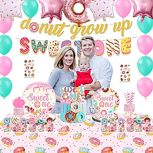 Sweet One Birthday Party Supplies for 2 Year Old Girl, 150 Pcs Donut Party Decorations for Girls Baby - Backdrop, Banner, Cake, Cupcake Toppers, Cupcakes Wrappers, Tablecloth