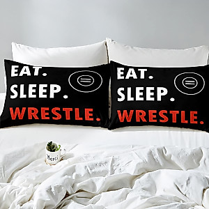 Wrestling Sports Bedding Set Twin Size,Eat Sleep Wrestle Themed Fitted Sheet for Kids Boys Bedroom,Wrestle Rodeo Black Red Microfiber Soft Bed Cover,1 Pillow Case