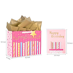MAYPLUSS 16" Birthday Large Gift Bag with Greeting Card and Tissue Paper for Birhtday - Pink Gold Foil Candle Design
