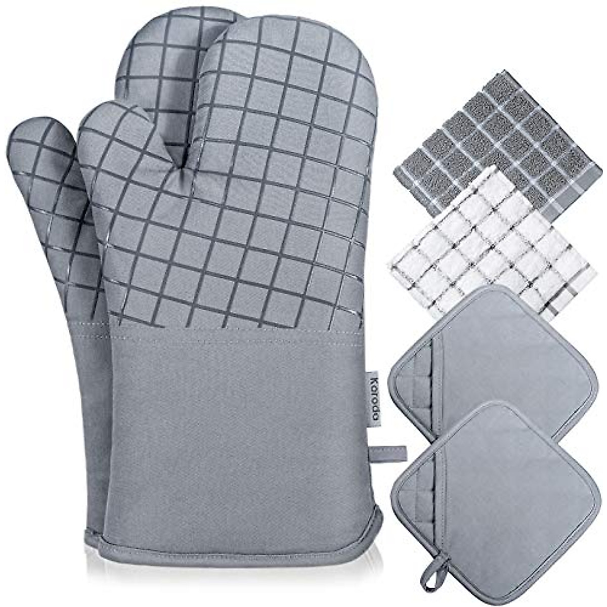 Koroda Oven Mitts and Pot Holders Sets: 550°F High Heat Resistant Oven Mitts with Kitchen Towels Thick Cotton Oven Gloves with Non-Slip Silicone for Cooking and Baking (6Pcs, Grey)
