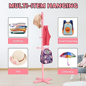 Azaeahom Cross Coat Rack Freestanding Clothing Hanger Home Racks, Wooden Coat Tree Stand with 8 Hooks 2 Adjustable Height, Easy Assembly in Entryway, Room for Hat, Umbrella etc (Pink)