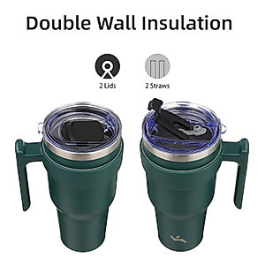 Konokyo 40 oz Tumbler with Handle and 2 Straw 2 Lid, Insulated Water Bottle Stainless Steel Vacuum Cup Reusable Travel Mug,Army Green