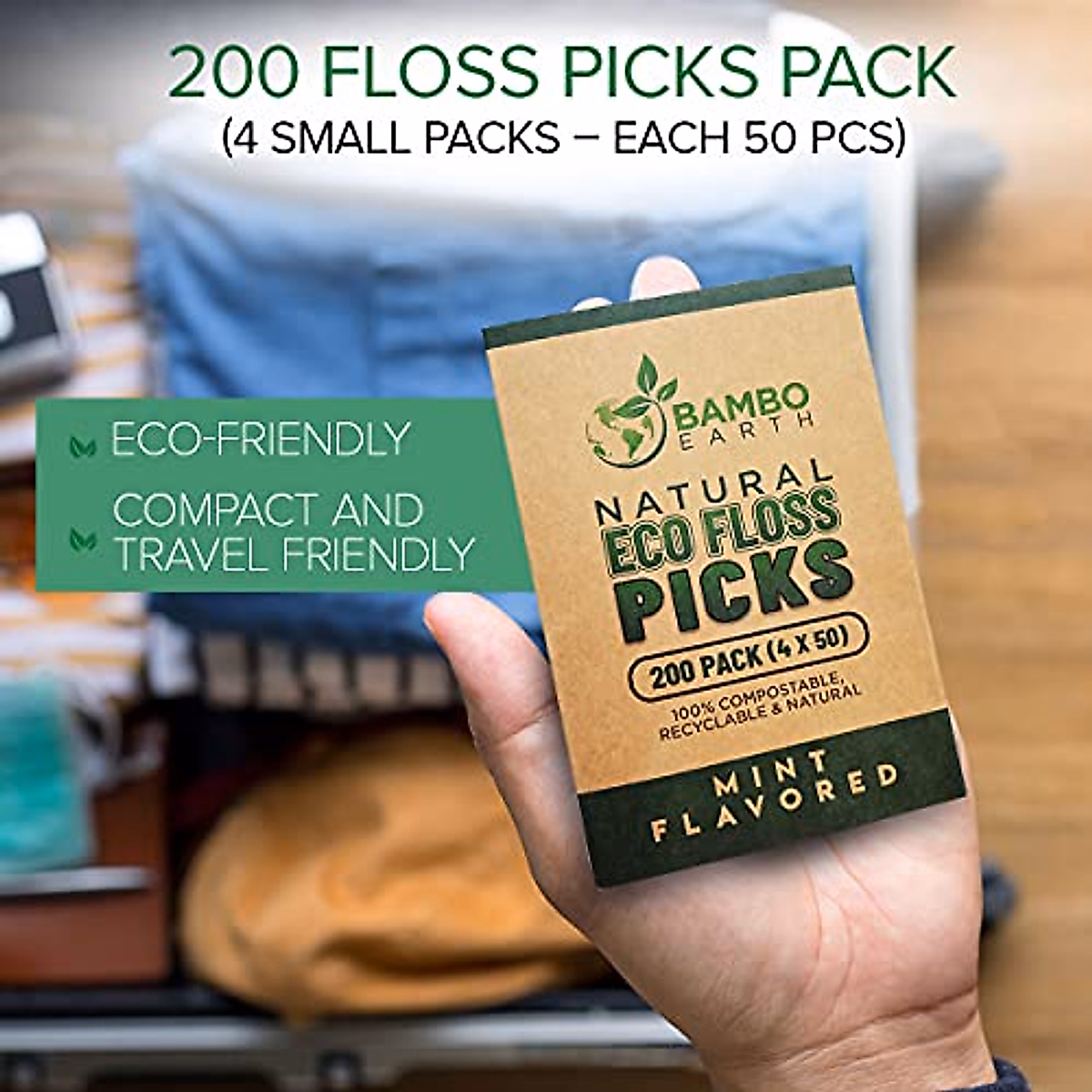 Natural Dental Floss Picks - Eco Friendly Cruelty Free & Vegan Tooth Flossers Pick Set with Biodegradable and Compostable BPA Free Handle & Zero Waste Packaging - 200 Pack (Mint Flavored)