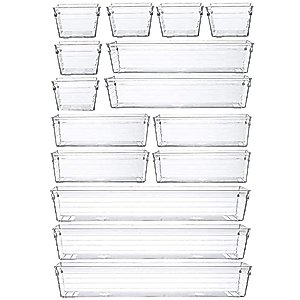 15 PCS Clear Plastic Drawer Organizer Tray for Makeup, Kitchen Utensils, Jewelries, and Gadgets