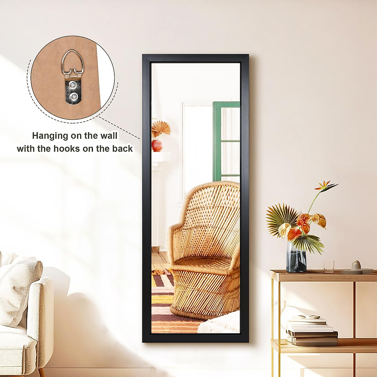 PexFix Door Mirror Full Length 51"x18" Over The Door Rectangle Sleek Black Frame Space Saving Floor Mirror Dressing Hanging Wall Mounted Mirror (US-MHJ002-BK+USAM019)