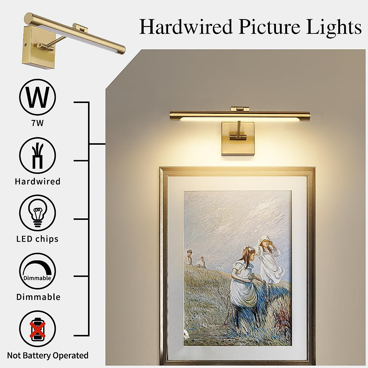 Joosenhouse LED Picture Light Fixtures Dimmable 16.53" Inch Modern Metal Artwork Hallway Lamps with Single Swing Arm, 7W (50W Eqv.), Hardwired Connection, Warm White, CRI80+, Golden-Like Brass Finish