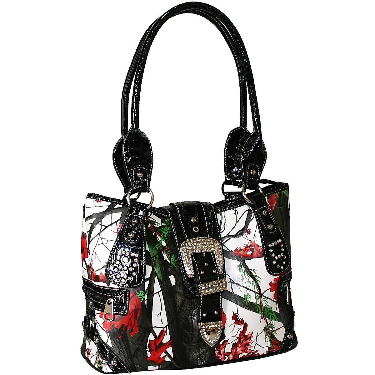 Western Purse Rhinestone Buckle Accent Handbag & Matching Wallet Set - Red/Black/White