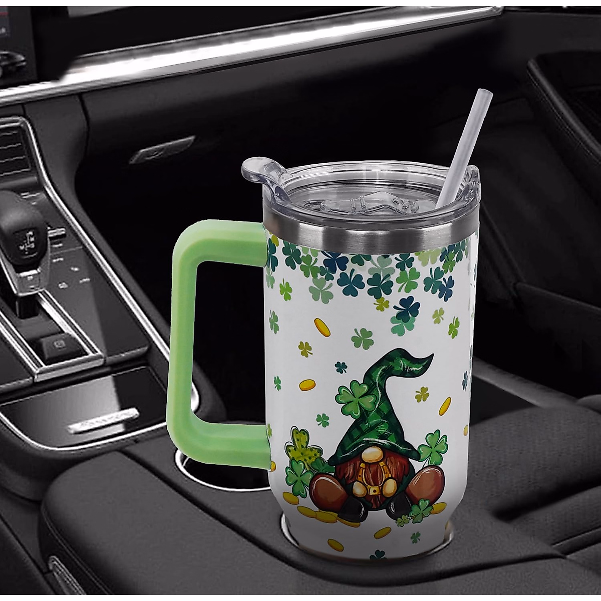 Nqhsionv St Patricks Day Tumbler with Handle 40 oz Lucky Gnomes Shamrock Coffee Travel Mug Stainless Steel Insulated Cup Irish Saint Patricks Decor Gifts