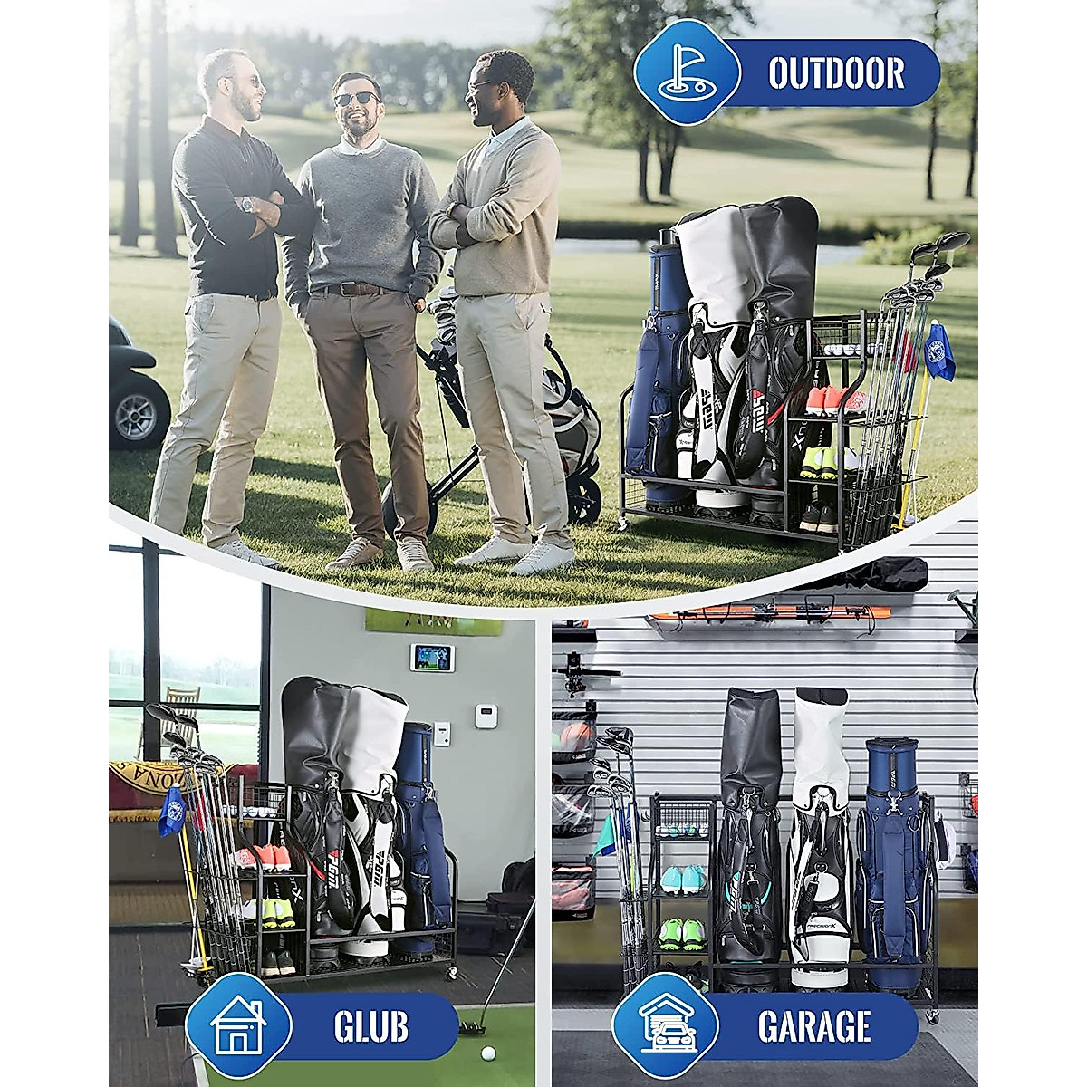 Mythinglogic 3 Golf Bags Storage Organizer-Extra Large Size Fits 3 Full Size Golf Bags,Golf Organizer for Golf Equipment and Accessories, Golf Club Storage Rack with Lockable Wheels