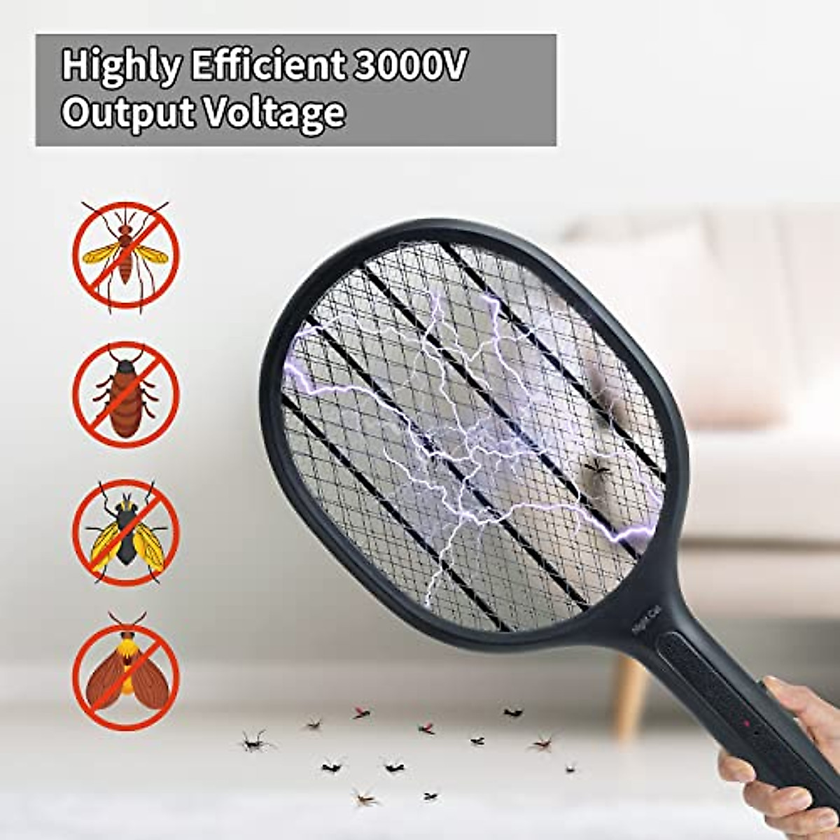 Night Cat Electric Fly Swatter Racket Bug Zapper Indoor Mosquito Killer USB Rechargeable Lightweight Double Layers Protection