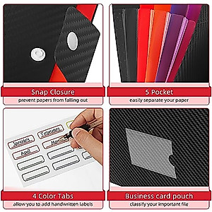 5 Pocket Expanding File Folder, Accordion File Organizer with Labels, A4 Letter Size Folders for Documents, Portable Expandable File Folder for Office School - Black