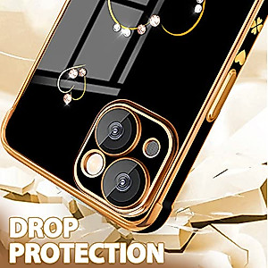 Petitian for iPhone 14 Plus Case, Cute Women Girls Bling Glitter Love Heart Designed for iPhone 14 Plus Phone Cases, Girly Gold Plating Phone Cover for 14 Plus with Camera Protection Black