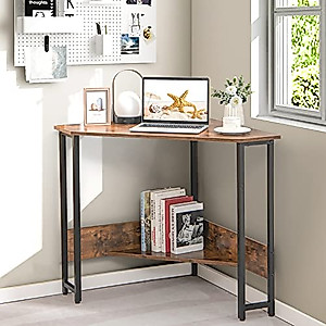 Tangkula Corner Desk with Power Outlet & USB Ports, Triangle Computer Desk with Charging Station, Storage Shelf, Space Saving Writing Desk, Vanity Table, Corner Desk for Small Space (Rustic Brown)