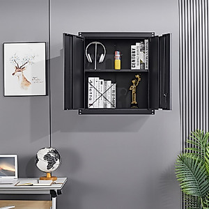 Metal Wall Cabinet with Adjustable Shelves,Wall Mounted Storage Cabinet with Locking Doors,Steel Garage Cabinet for Basement,Home,Kitchen,Bathroom (Black,27.95" H)