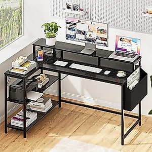 PRAISUN L Shaped Gaming Desk with LED Lights and Power Outlets, Reversible Computer Desk with Storage Bag and Monitor Shelves, Large Leg Room Home Office Desk, Corner Gaming Desk, Black