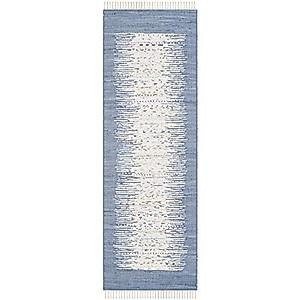 SAFAVIEH Montauk Collection Runner Rug - 2'3" x 9', Ivory & Dark Blue, Handmade Stripe Fringe Cotton, Ideal for High Traffic Areas in Living Room, Bedroom (MTK711E)