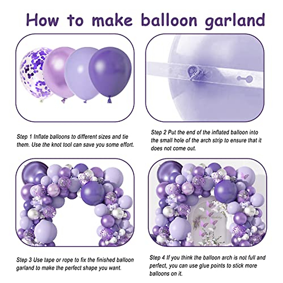 Amandir 145Pcs Purple Balloons Garland Arch Kit for Butterfly Baby Shower Decorations for Girl, 12Pcs Butterfly Stickers Lavender Purple Confetti Metallic Balloon for Birthday Wedding Party Decoration