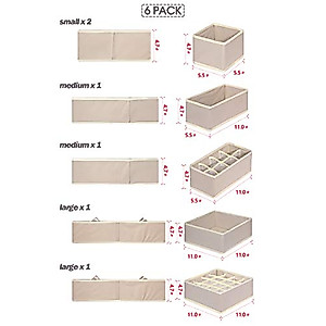 TENABORT 6 Pack Foldable Drawer Organizer Dividers Cloth Storage Box Closet Dresser Organizer Cube Fabric Containers Basket Bins for Underwear Bras Socks Panties Lingeries Nursery Baby Clothes Beige