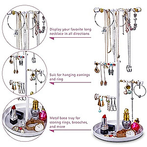 Keebofly Jewelry Tree Stand Organizer - Metal Necklace Organizer Display with Adjustable Height for Necklaces Bracelet Earrings and Ring White