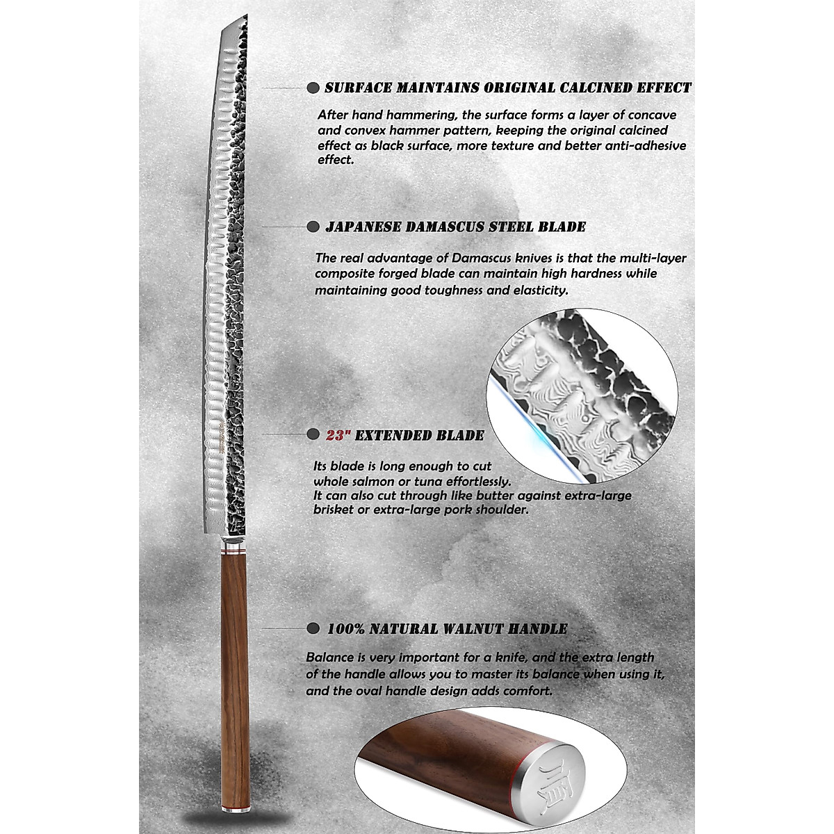 YOUSUNLONG Sakimaru Knife 23 Inch Ultra Yanagiba - Japanese Hammer Damascus Steel Blade - Chef Slicer Suitable for Cutting Large Maguro Tuna Salmon - Natural Walnut wood Handle with Leather