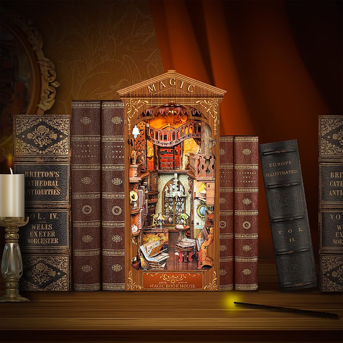 Book Nook Kit, DIY 3D Bookshelf Insert Decor, Wooden Puzzle Dollhouse with Sensor LED Light, Bookend Building Set for Teens Adults - Magic Book House