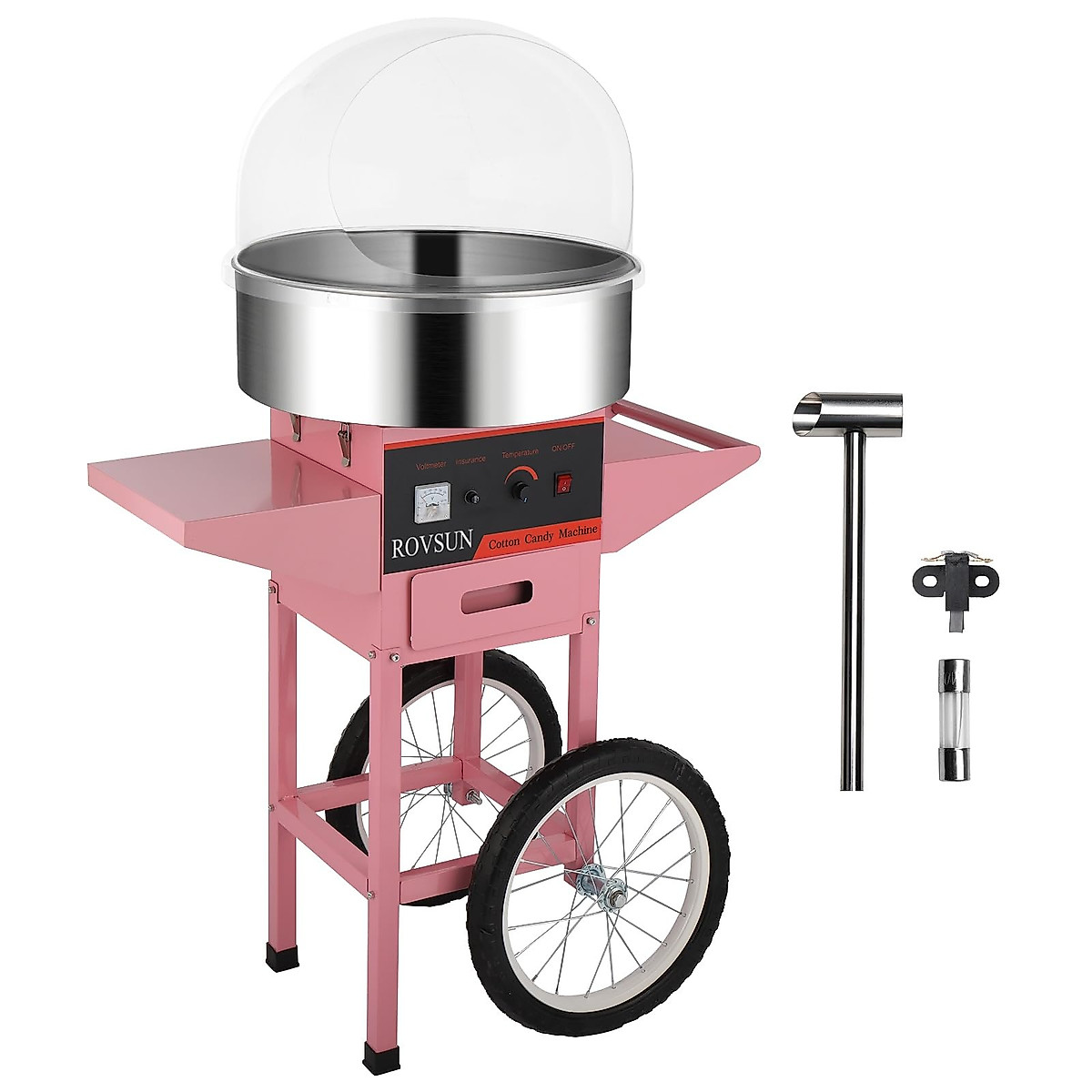 ROVSUN 21 Inch Cotton Candy Machine Cart, Electric Cotton Candy Maker Candy Floss Machine w/Cover, Stainless Steel Bowl, Sugar Scoop and Large Storage Drawer for Commercial Home Party Carnival, Pink
