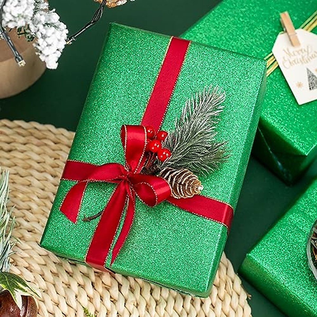 Homeral Glitter Wrapping Paper Roll-46.8 sq.ft.-Sparkle Green Shinny Gift Wrap for Christmas, Birthday, Bridal Shower, Party, Holiday-17in x 32.8ft