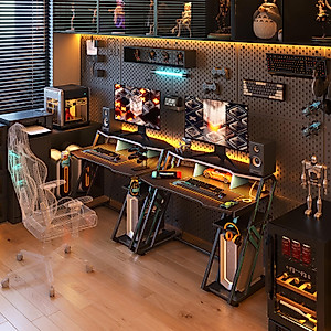 MOTPK Gaming Desk with Power Outlet & LED Lights, Gaming Computer Desk 39inch with PC Storage Shelf, Gaming Table with Carbon Fiber Texture, Gamer Desk, Gift for Boys Men, Black