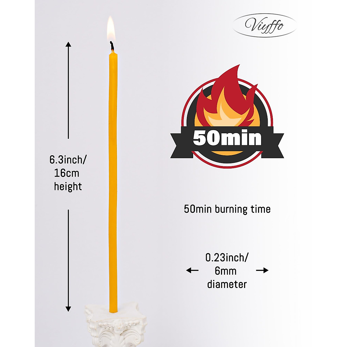 Viyffo 6.3 Inch Natural Beeswax Taper Candles Set of 100 Unscented, Dripless, Smokeless Thin Tapered Candlesticks for Church Prayer, Decor, Birthday, 6.3”x0.2”