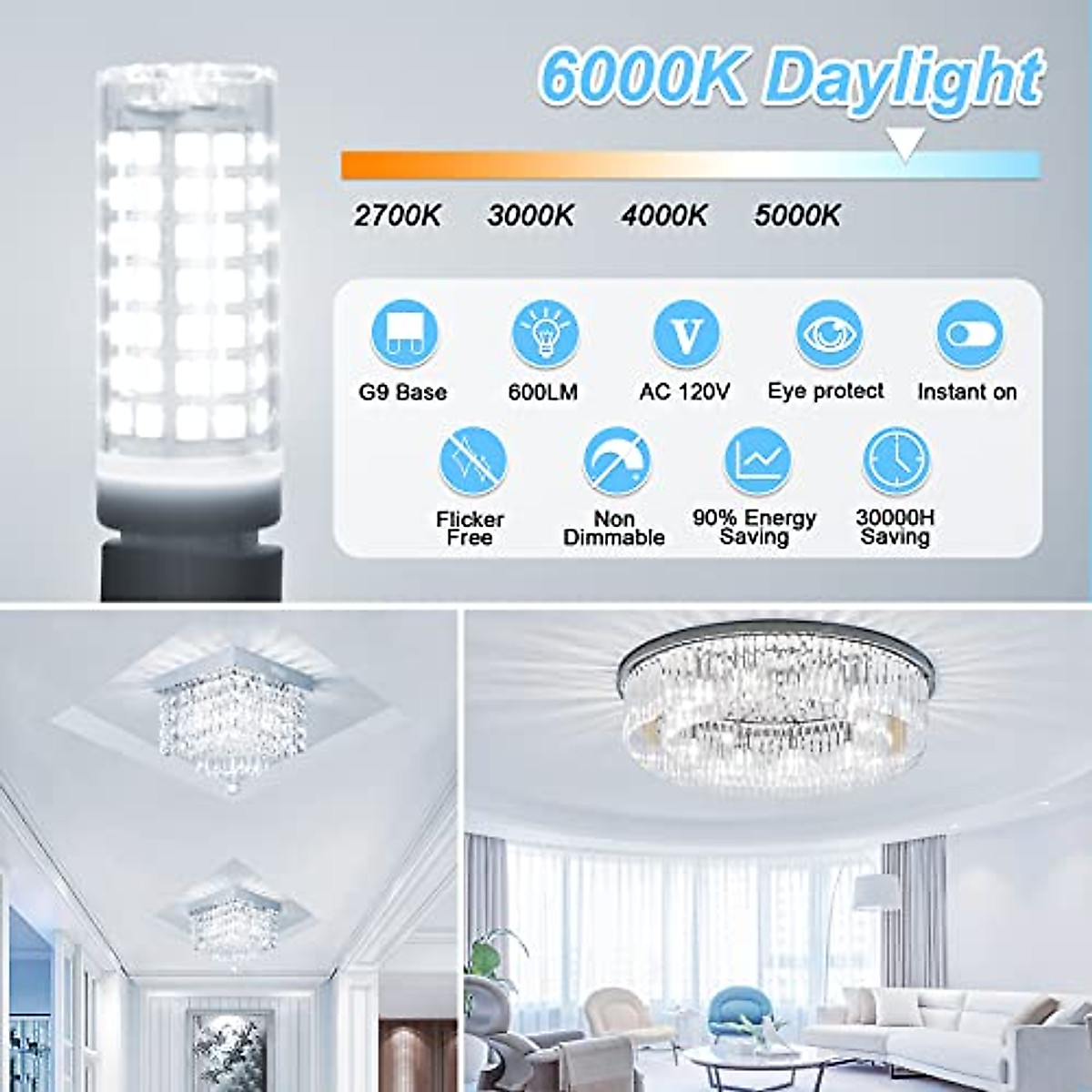 comzler G9 LED Bulb Bi Pin Base G9 6W LED Bulbs Daylight White 6000K, G9 Light Bulbs for Chandelier, Ceramic Base, 60W Halogen Equivalent, Non-dimmable, 600LM, Pack of 6