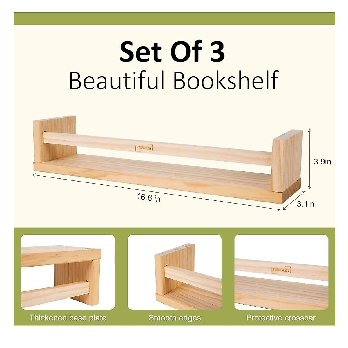 Nexzon Set of 3 Nursery Book Shelves with Booklet and Pen | 16.6" Kids Wall Bookshelves | Baby Nursery Shelves for Bedroom, Bathroom, Kitchen and Toy Storage (Pine Wood)