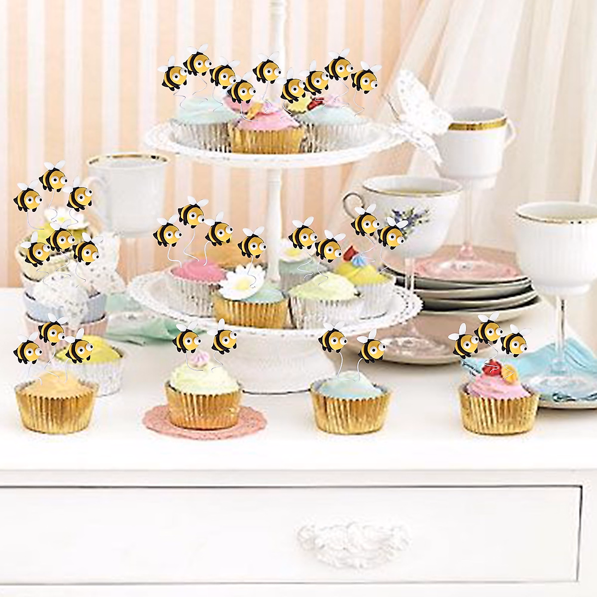 24 PCS Bumble Bee Cupcake Toppers Little Figurine Bee Cupcake Picks Oh Babee Cake Decorations for Bee Theme Baby Shower Kids Boys Girls Birthday Party Decoration Supplies