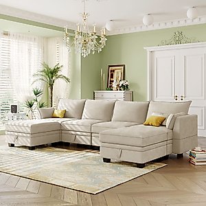 Merax Modern Large U-Shape Sectional Sofa, Upholstered Sofa Set with Removable Ottoman and Storage Seat, Convertible Sofa Bed with Reversible Chaise for Living Room Apartment, Office