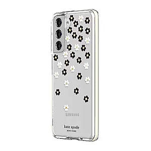 kate spade new york Defensive Hardshell Case Compatible with Samsung Galaxy S21 5G - Scattered Flowers Black/White/Gold Gems/Clear/White Bumper