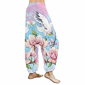 InterestPrint Flying Bird Flower Women's Yoga Trousers Baggy Lounge Bottoms Soft Yoga Sports Dance Harem Pants with Pockets XL
