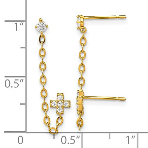 14K Yellow Gold Double Post Chain Cubic Zirconia CZ Holy Cross Earring Single