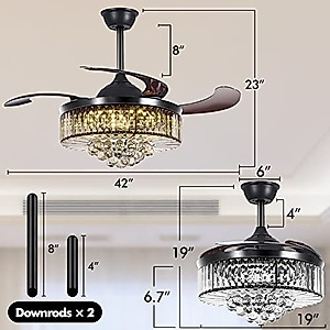 KPIBEST 42 inch Chandelier Ceiling Fan with Remote Control, Crystal Ceiling Fans with 3 Lights Level and 3 Speed, Modern Retractable Fandalier Ceiling Fan for Dining Room Bedroom