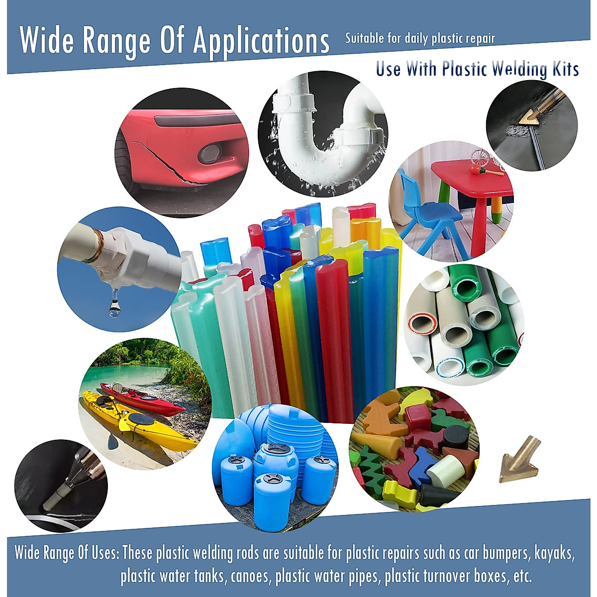 106pcs Plastic Welding Rods ABS PP PU PE PA PC TPO 7 Types of Plastic Welder Rods for Car Bumper Kayak Repair Kit with Reinforcing Stainless Steel Mesh Plastic Welding Kit Welding Supplies