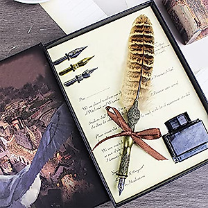 Feather Calligraphy Pen Set Writing Dip Ink Quill Pen Wedding Signature Fountain Pen Birthday Xmas Gift for Kids (Owl feather pen)