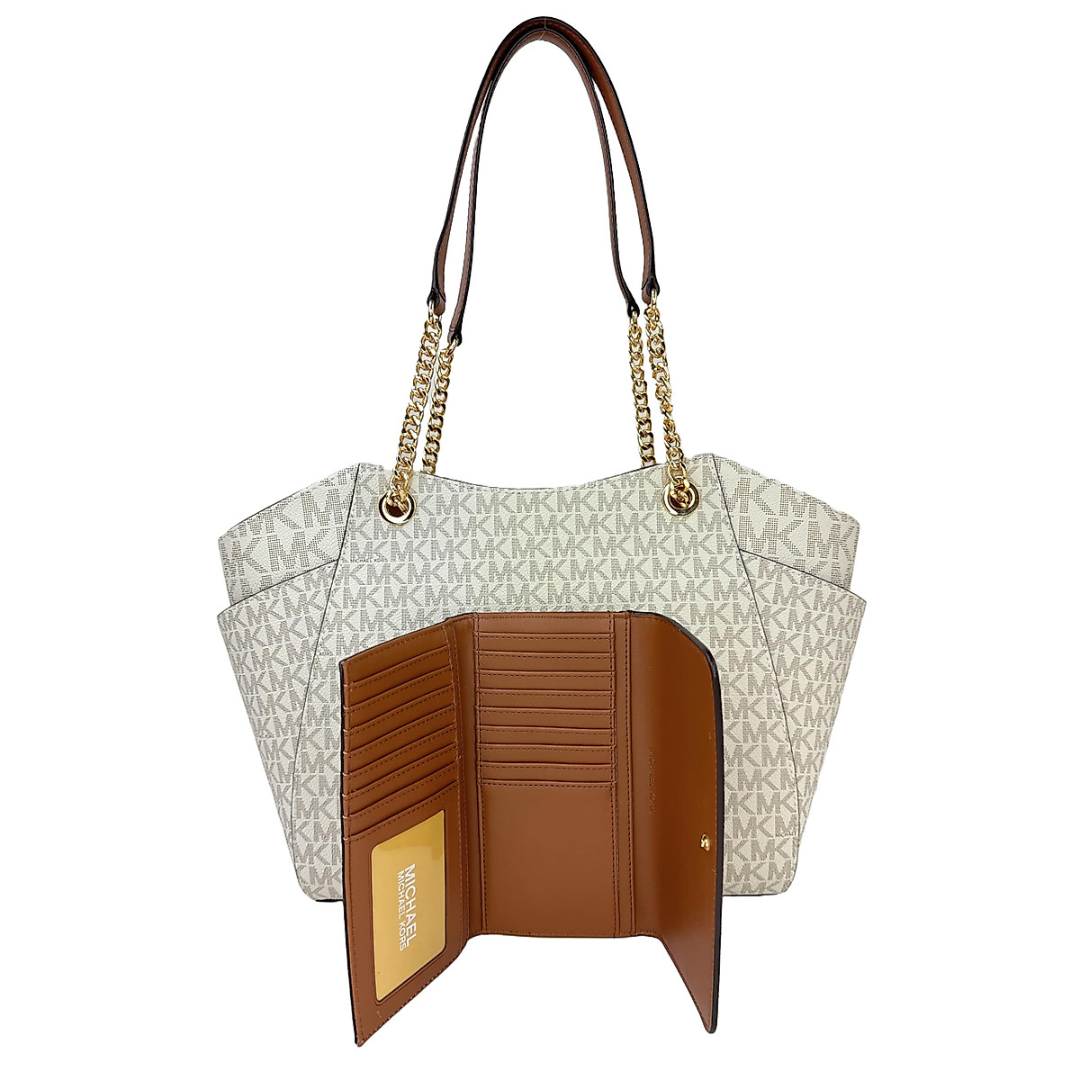 Michael Kors Jet Set Travel Large Chain Shoulder Tote bundled with Trifold Wallet (Vanilla)