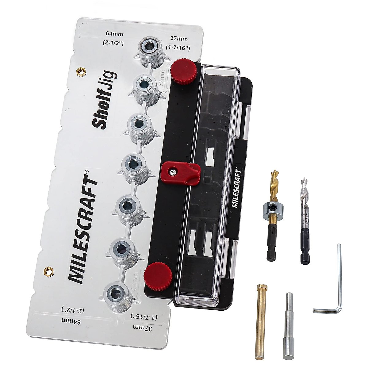 Milescraft 1343 Shelf Jig – Create ¼ in. and 5mm Shelf Pin Holes for Cabinets. Standard 32mm Spacing. Shelf Pin Jig includes Two Drill Bits