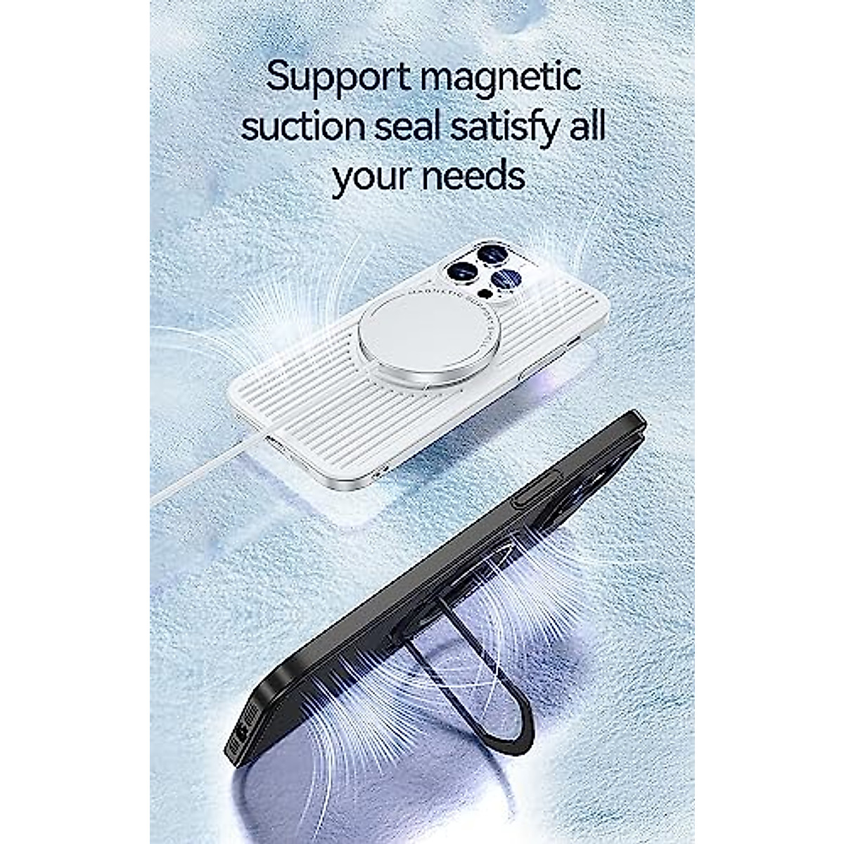 Yesunktt for iPhone 14 Pro Max for MagSafe Magnetic Car Ring Trolley Invisible Holder Phone Case, Logo Window Strip Mesh Air Cooling Phone Case,Black