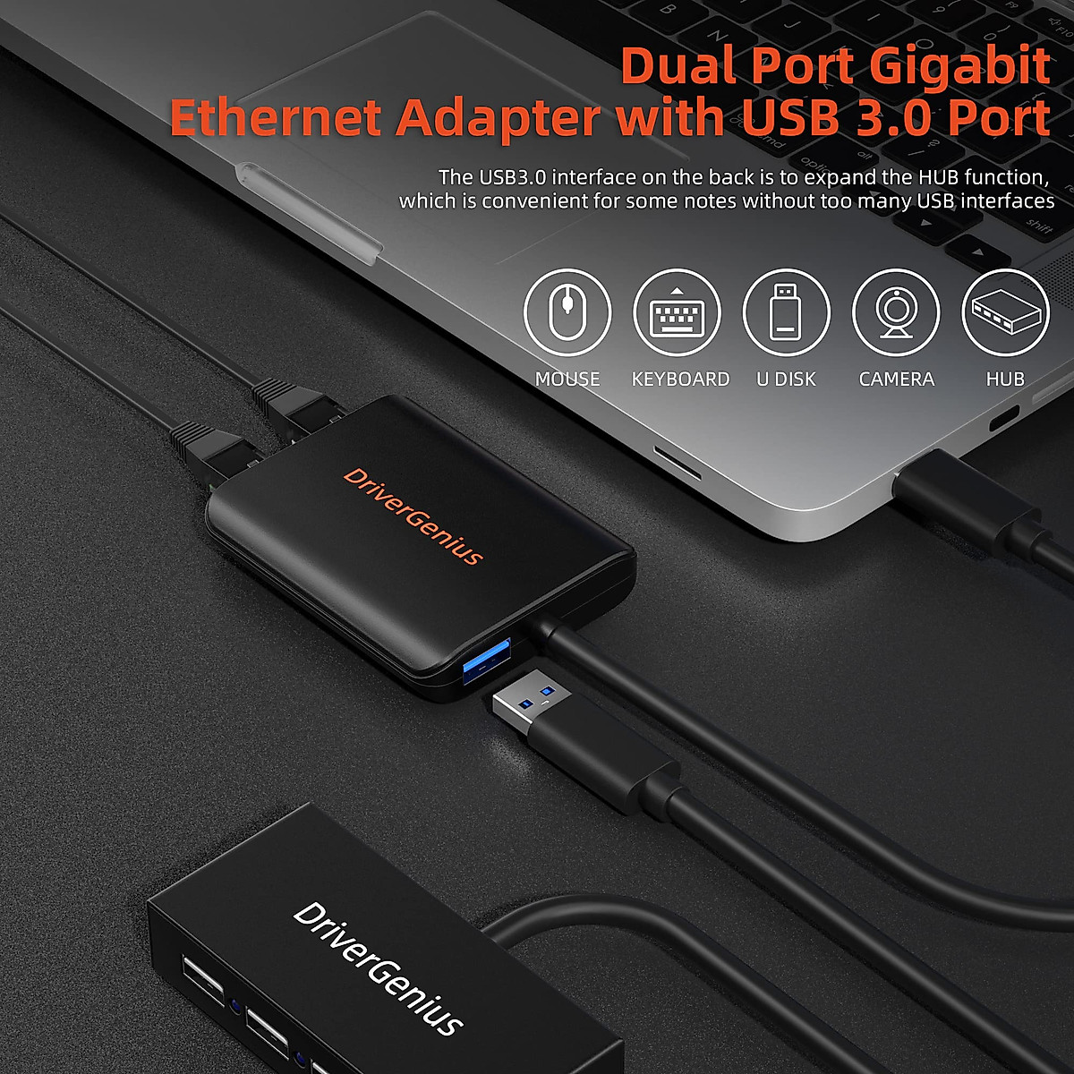 DriverGenius USB 3.0 to Dual Port Gigabit Ethernet Adapter NIC w/USB Port - Compatible for Windows 11, macOS 15 (CU200)