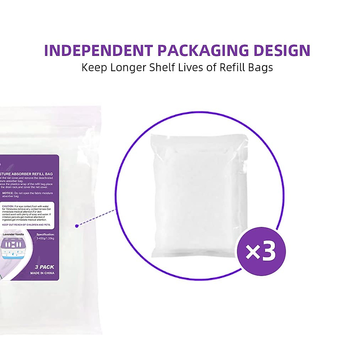 CANAGER Large Capacity Moisture Absorber Refill Bag - 16 oz 3 Packs, Lavender Vanilla, Individual Packaging, Easy to Replace, Absorb Excess Moisture and Create Fresh Air.