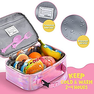 WERNNSAI Sequins Unicorn Lunch Box - Holographic Insulated Girls Lunch Bag for Kids Bento Back to School Picnic Preschool Kindergarten Lunch box Waterproof Reusable Thermal Lunch Tote Box