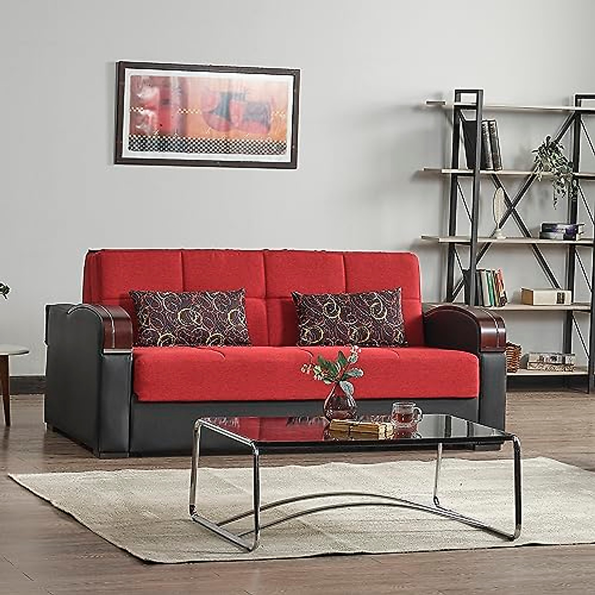 Sweethome Stores 74" Pull Bed with Storage, Firm, Fabric, 650 lbs Capacity, Sleeper Sofa, Futon for Living Room or Home Office Convertible Couch, DormirClack Sofabed, Red