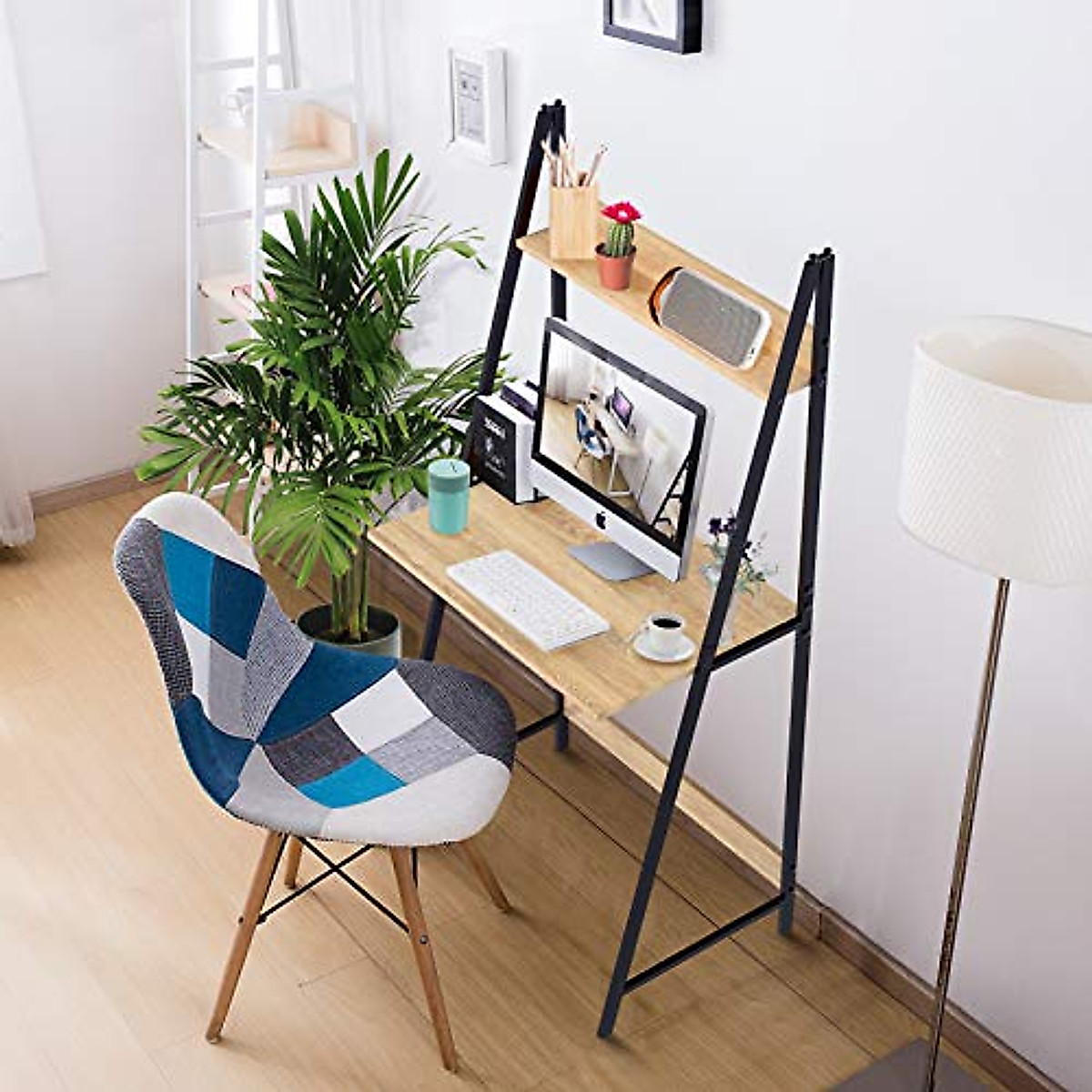 SpringSun 2-Tier Ladder Computer Desk with Storage Bookshelf, Modern Writting Table for Office and Home