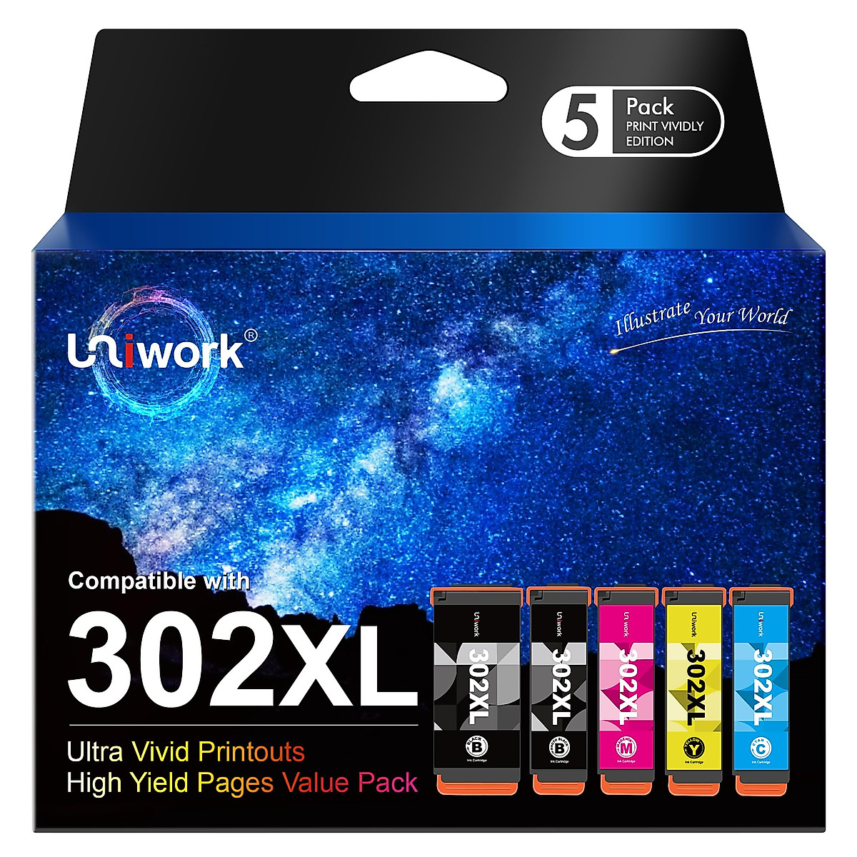 Uniwork Remanufactured 302XL Ink Cartridge Replacement for Epson 302XL 302 XL T302XL T302 to use with Expression Premium XP-6000 XP6000 XP-6100 Printer (PBK/BK/ C/M/Y, 5 Pack)