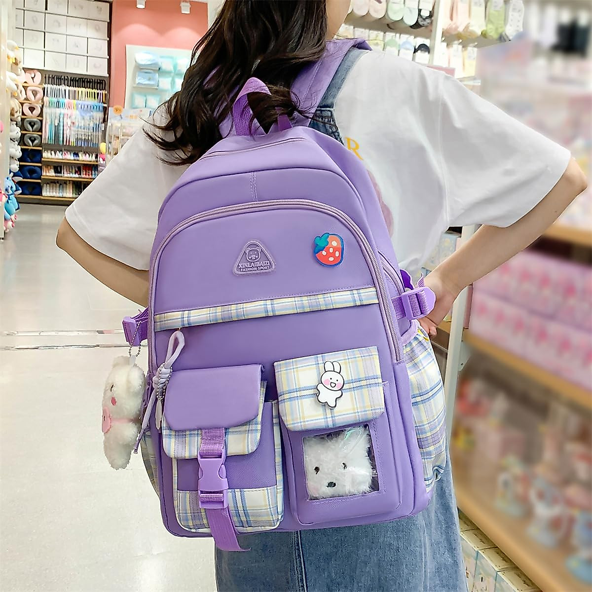 LsdgFriday Kawaii Backpack Set 5Pcs Canvas Plaid School Bag with Cute Pendants Pins Accessories for Teen Girls Aesthetic Backpack Shoulder Tote Bags Daypack for Back To School